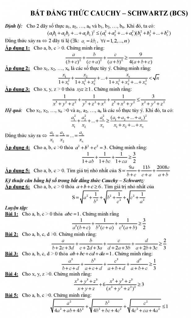 Bất đẳng thức cauchy schwarz và bài tập ứng dụng có giải - TÀI LIỆU RẺ